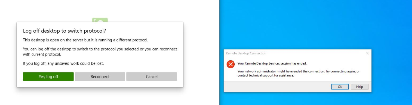 VMware Horizon Client prompts "Log off Desktop to switch protocol ...