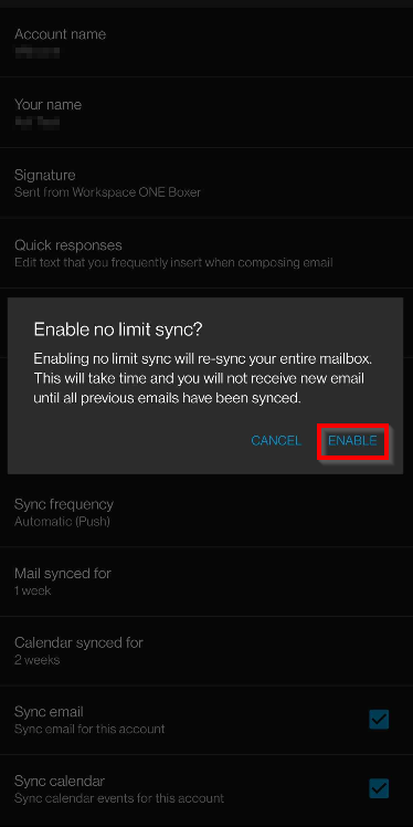 Set mail sync period to unlimited on Workspace ONE Boxer (50117876)