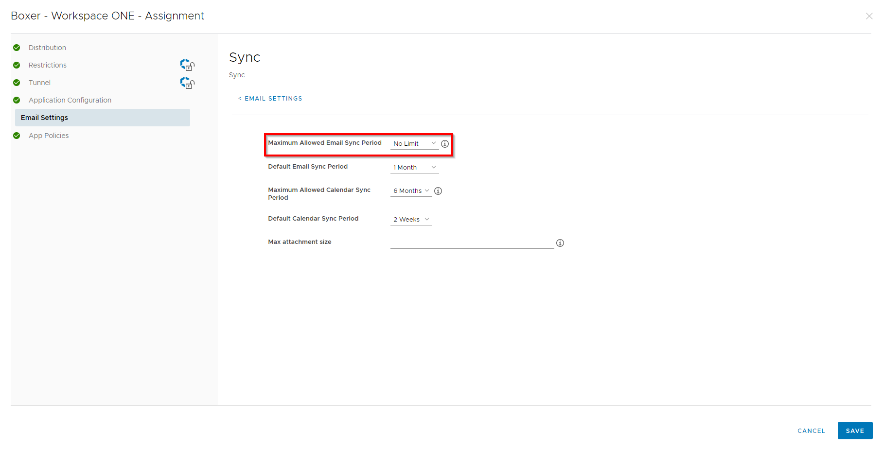 Set mail sync period to unlimited on Workspace ONE Boxer (50117876)