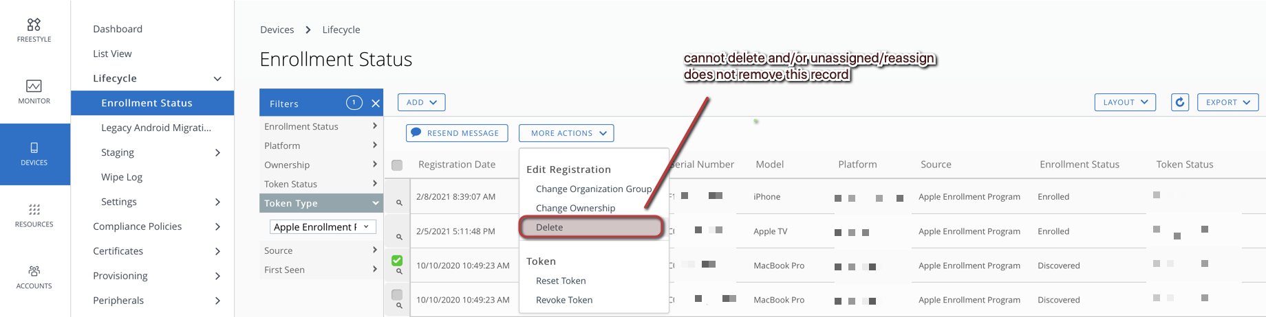 Remove stale DEP registration records from WS1 UEM Console (82725)