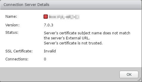 Administration Dashboard in Omnissa Horizon reports the error: "Server's certificate subject ...