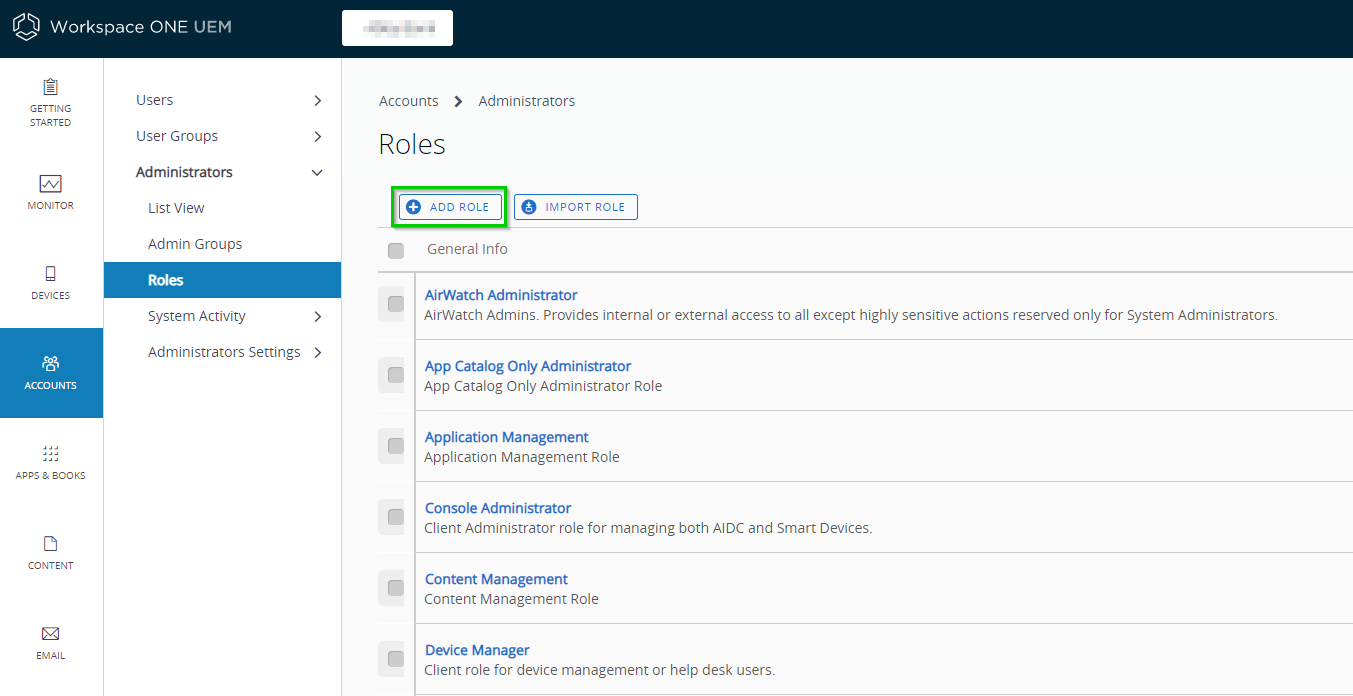 Create a customized role in the Workspace ONE UEM Console (2960077)