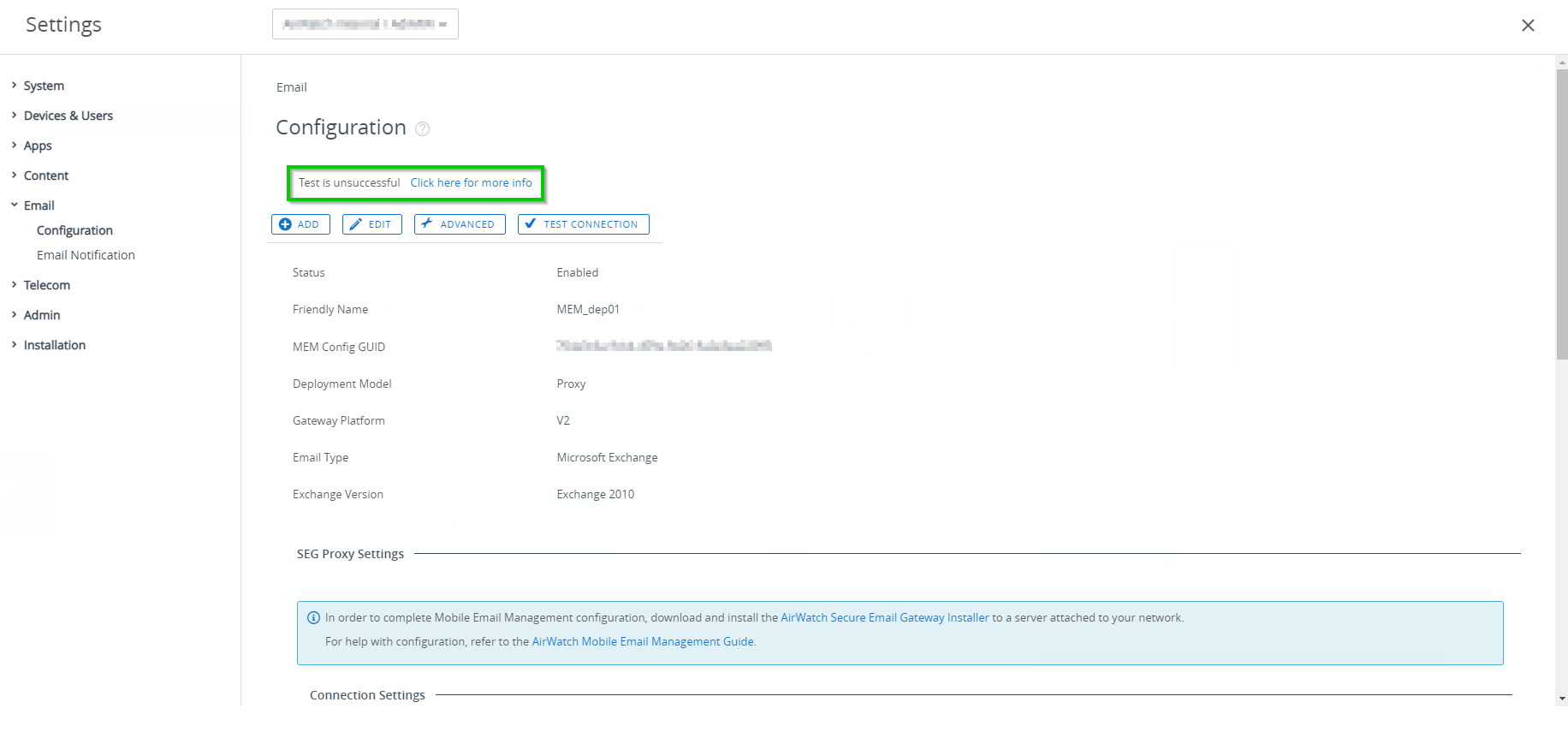 Troubleshoot Workspace ONE SEG "test is unsuccessful" error when using ...