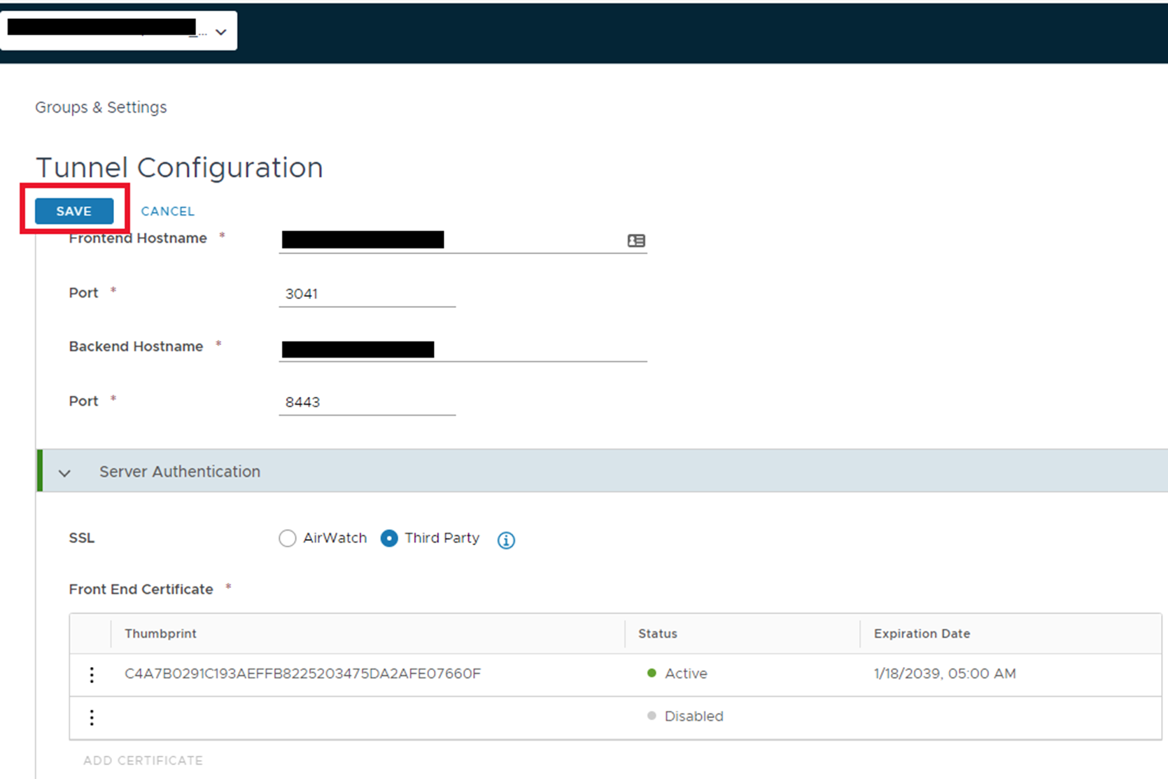 Renew Tunnel Server authentication certificate (93055)