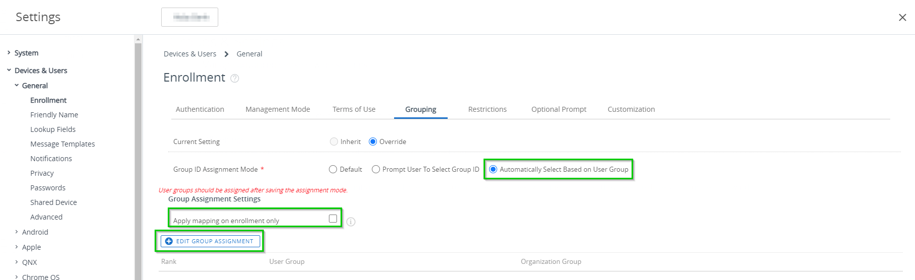 Set up OG-specific Enrollment in Workspace ONE via AD User Group (50107107)